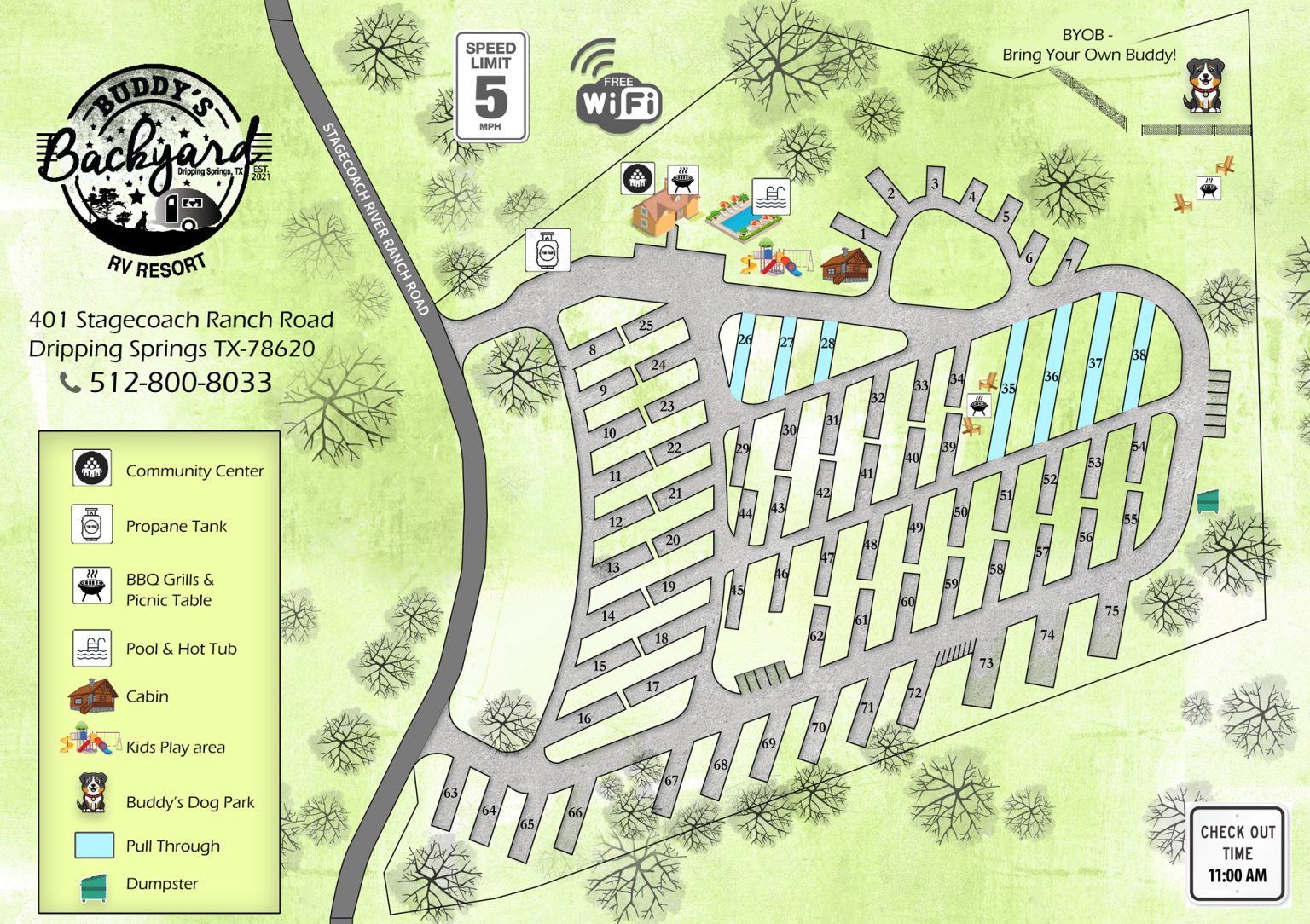 Buddy’s Backyard RV Resort Map | RV Park Near Fredericksburg, TX